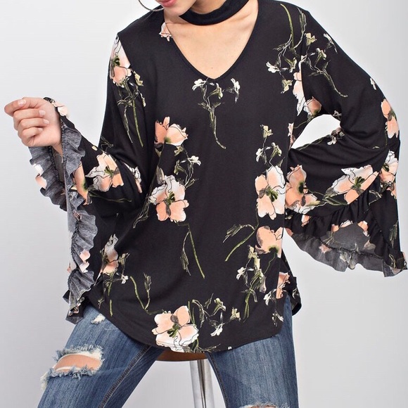 Tops | Nwt Black Coral Ruffle Bell Sleeves | Poshmark